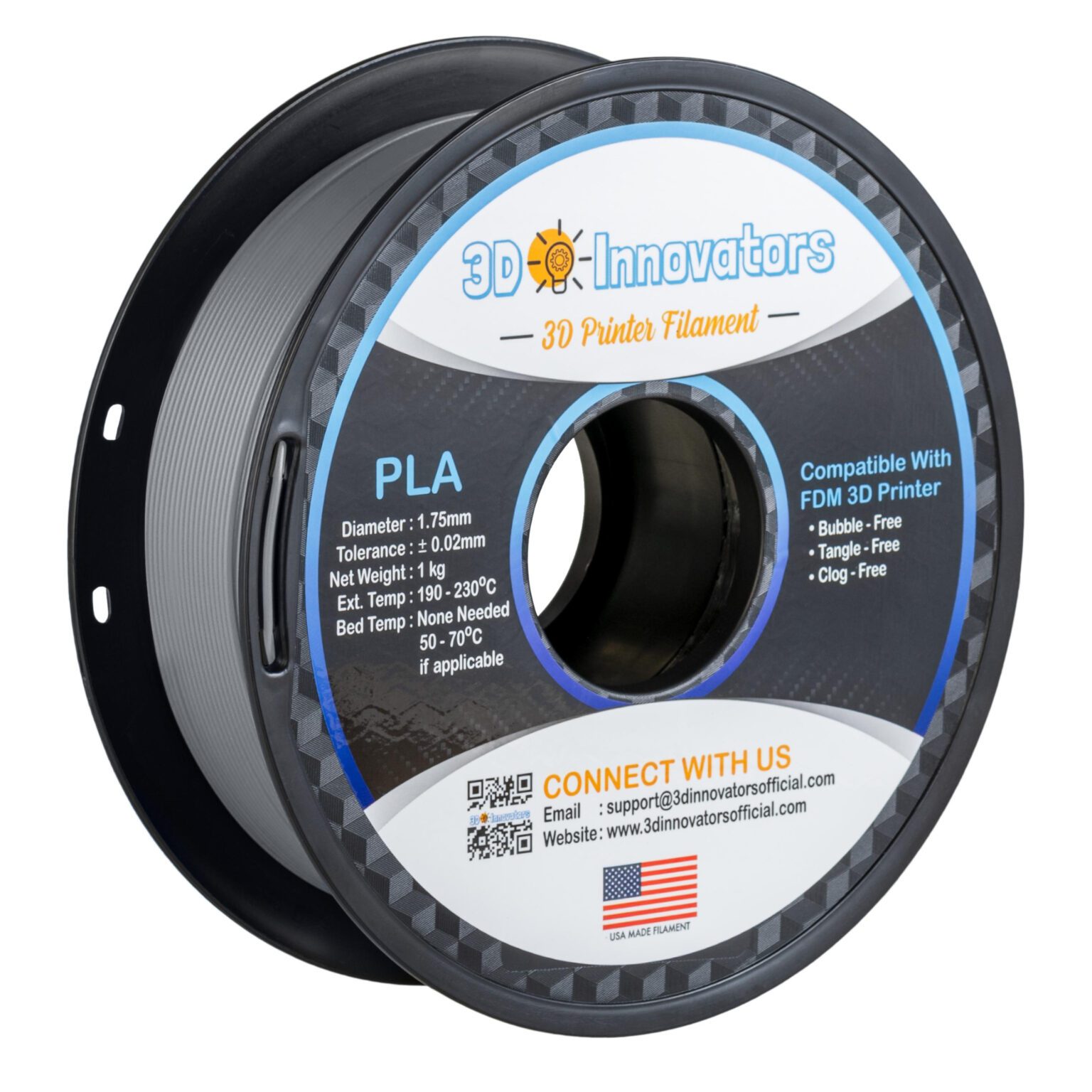 Real Gray PLA Filament – 1.75 mm – 3D INNOVATORS LLC